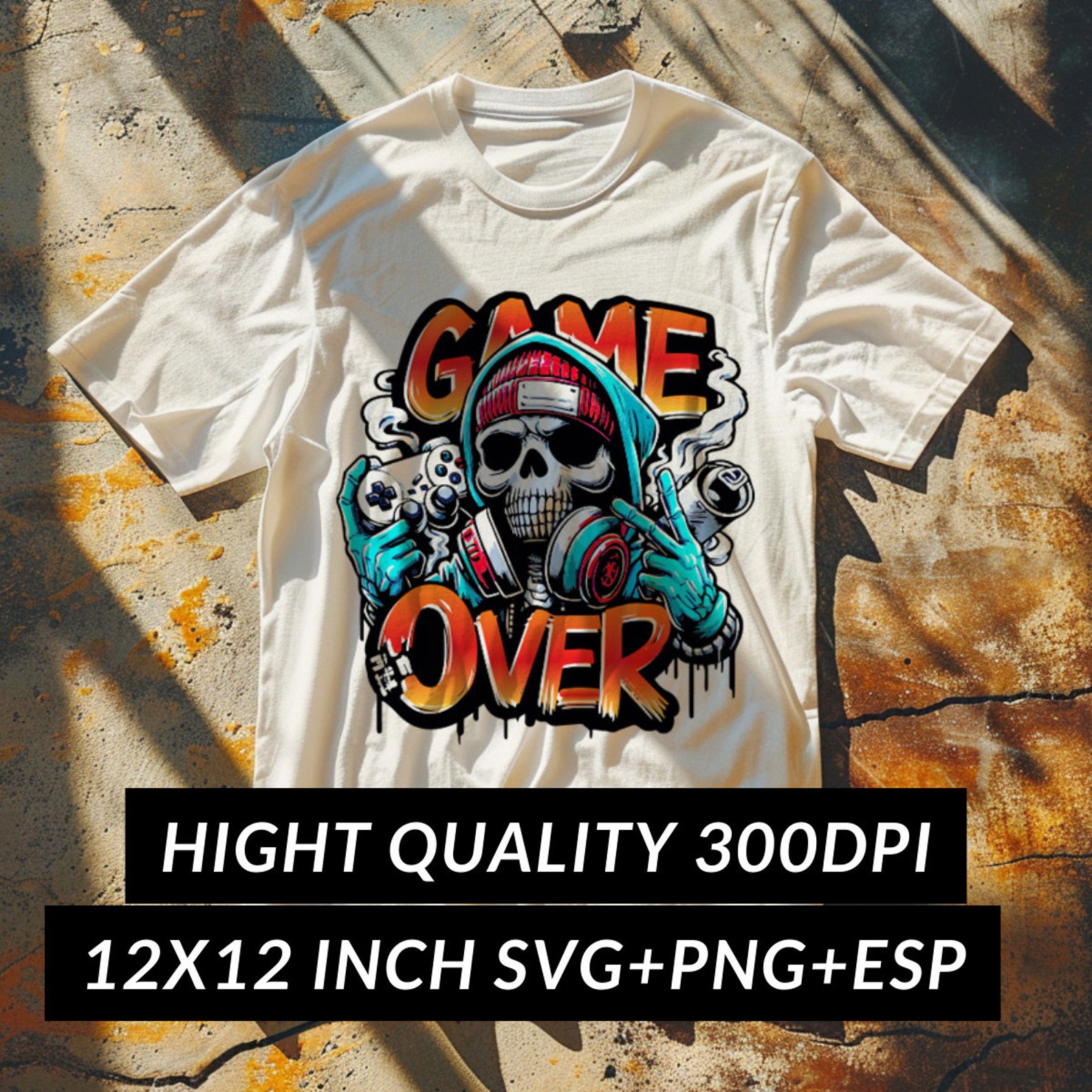 Game Over Skeleton Gamer Sublimation PNG: Urban Streetwear Art (digital ...