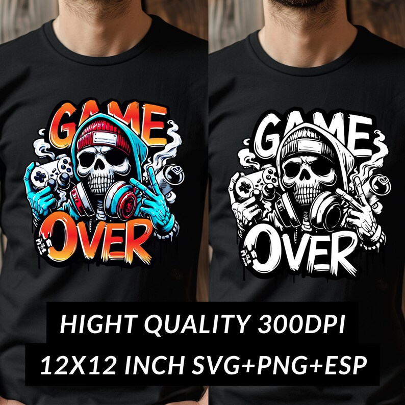 Game Over Skeleton Gamer Sublimation PNG: Urban Streetwear Art (digital ...