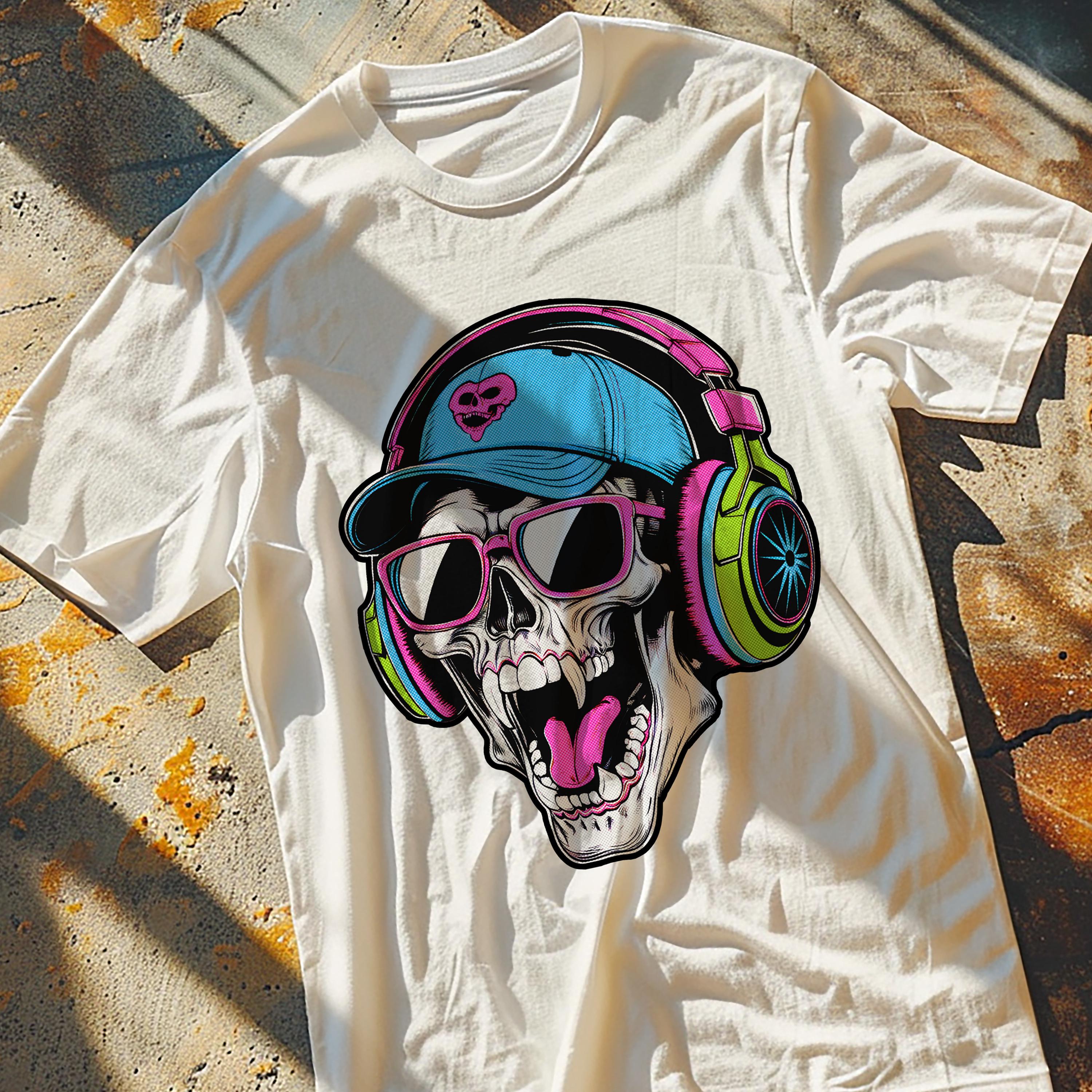Cool Skull Headphones Art - Neon Retro 80s Style Digital Print | Skull ...