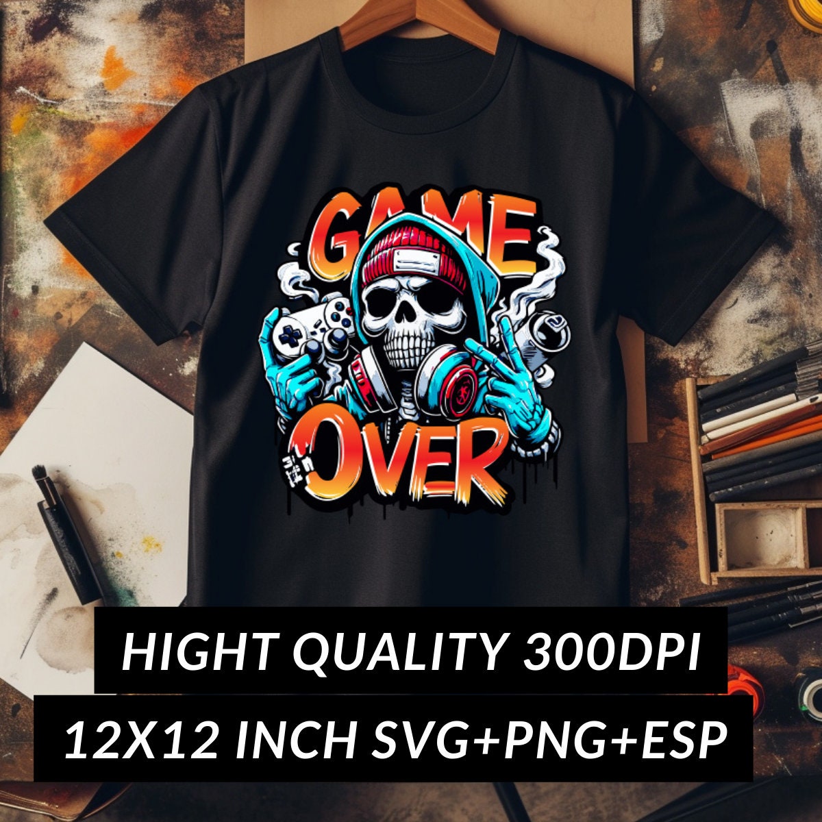 Game Over Skeleton Gamer Sublimation PNG: Urban Streetwear Art (digital ...