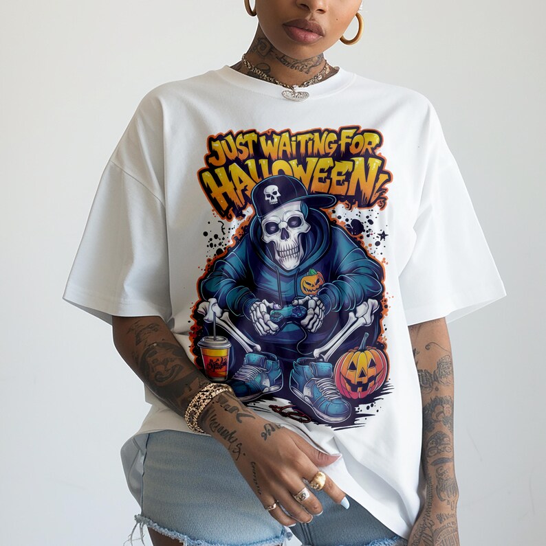 Gamer Halloween Png, Just Waiting for Halloween Png, Gamer Skeleton ...