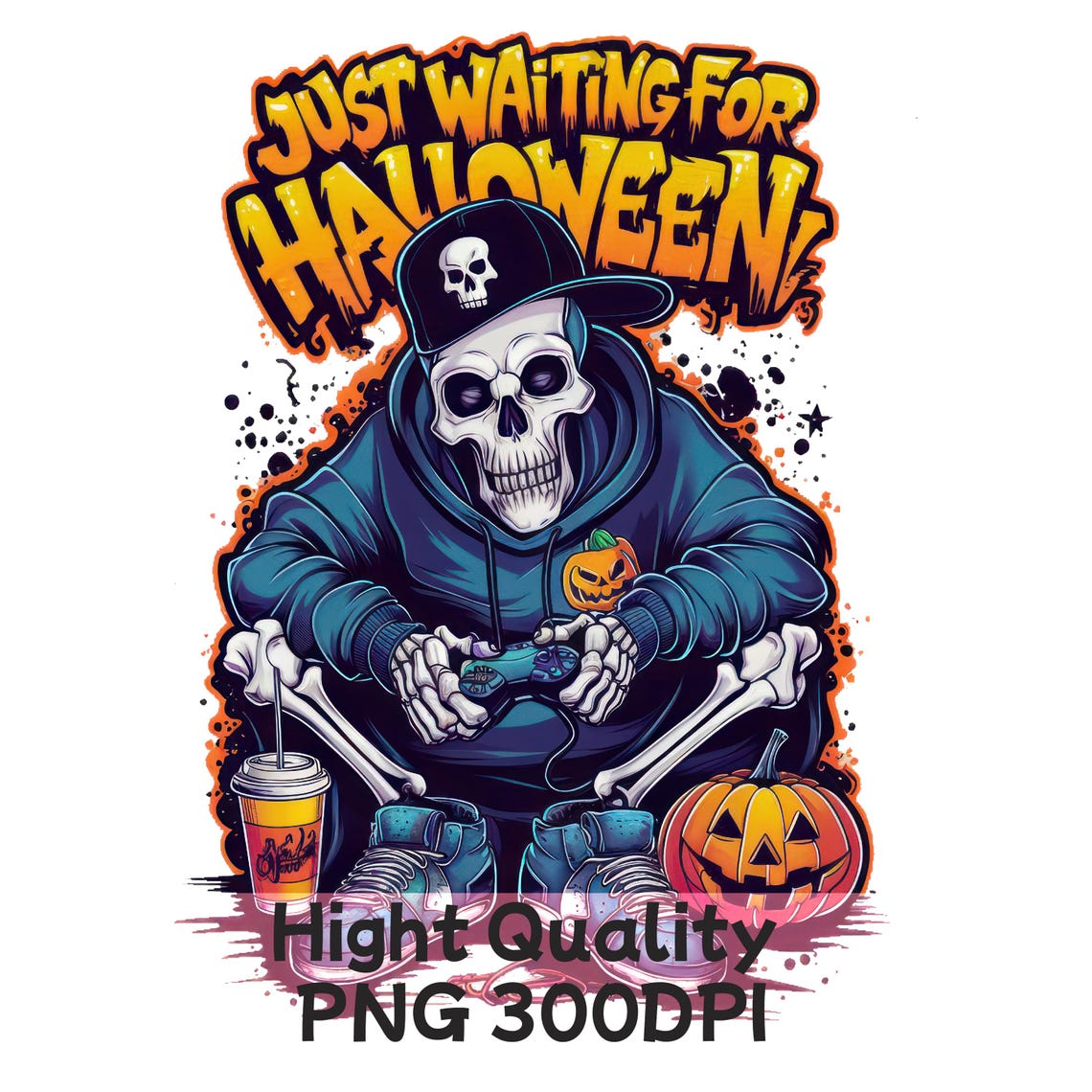 Gamer Halloween Png, Just Waiting for Halloween Png, Gamer Skeleton ...
