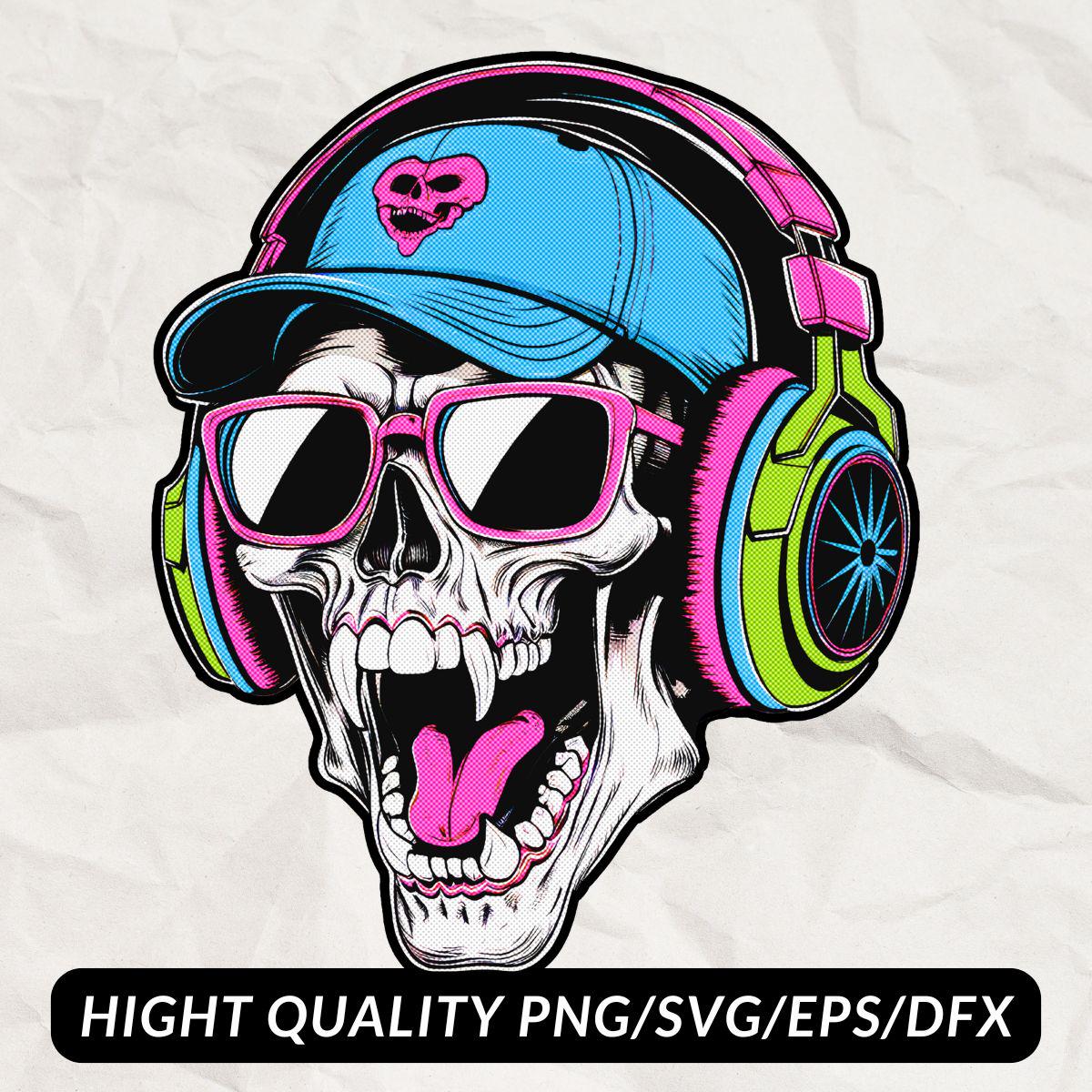Cool Skull Headphones Art - Neon Retro 80s Style Digital Print | Skull ...