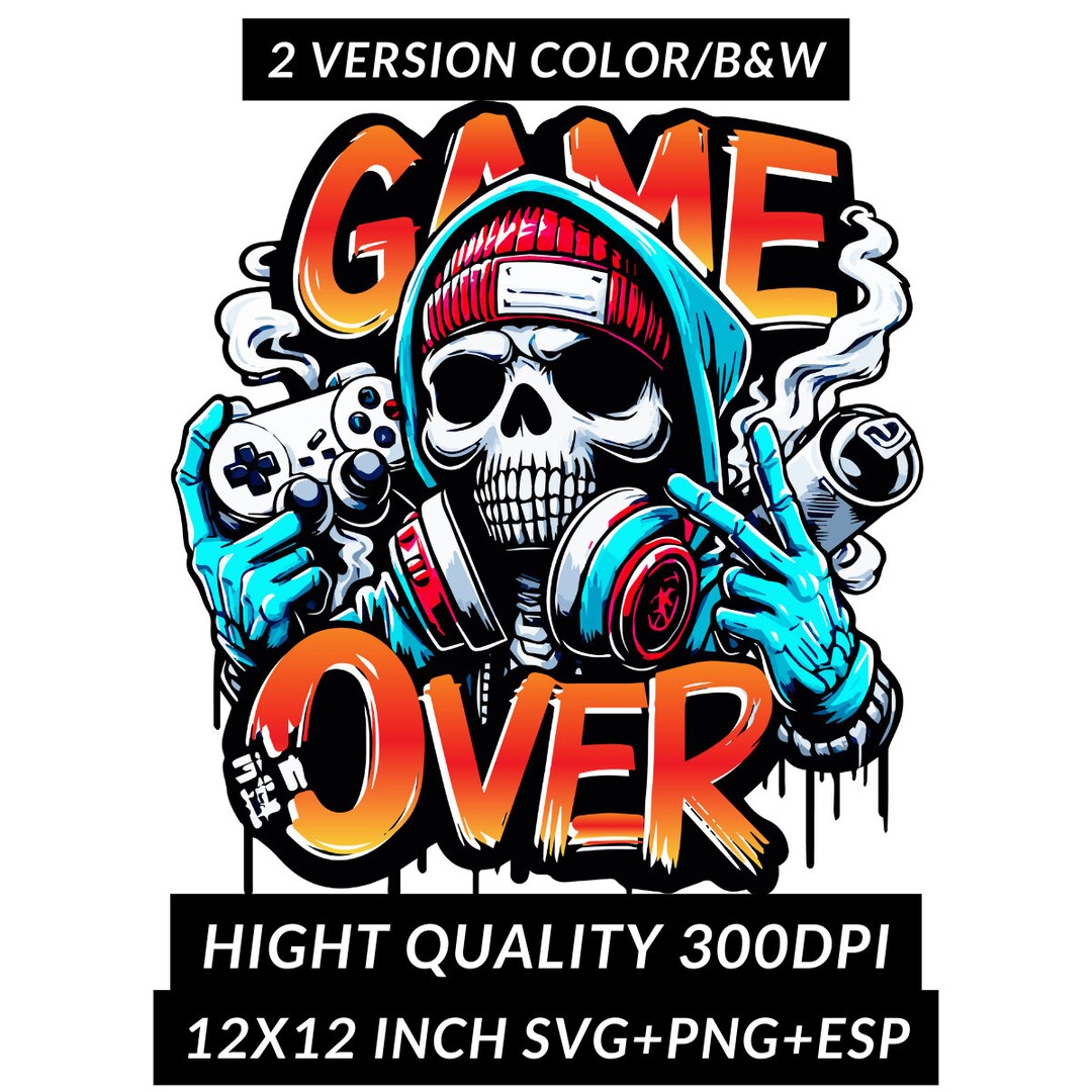 Game Over Skeleton Gamer Sublimation PNG: Urban Streetwear Art (digital ...