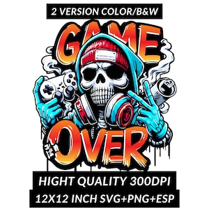 Game Over Skeleton Gamer Sublimation PNG: Urban Streetwear Art (digital ...