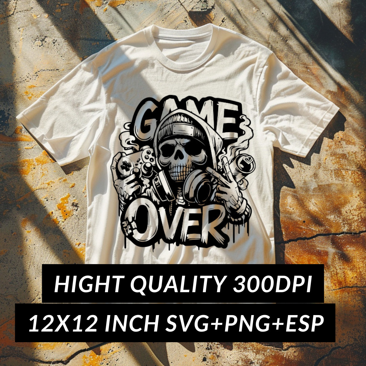 Game Over Skeleton Gamer Sublimation PNG: Urban Streetwear Art (digital ...