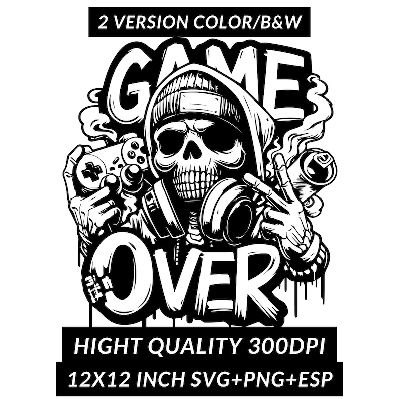 Game Over Skeleton Gamer Sublimation PNG: Urban Streetwear Art (digital ...