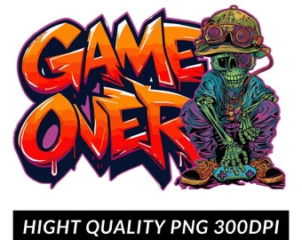 Game Over Skeleton Gamer Sublimation PNG: Urban Streetwear Art (digital ...
