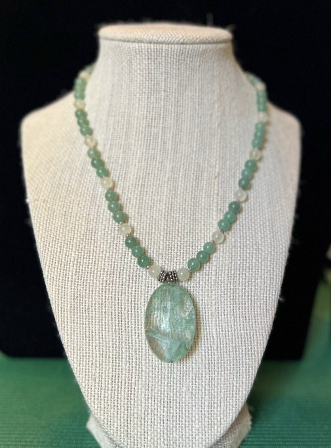 Celadon Stone Necklace, Light Green Beaded Necklace With Pendant ...