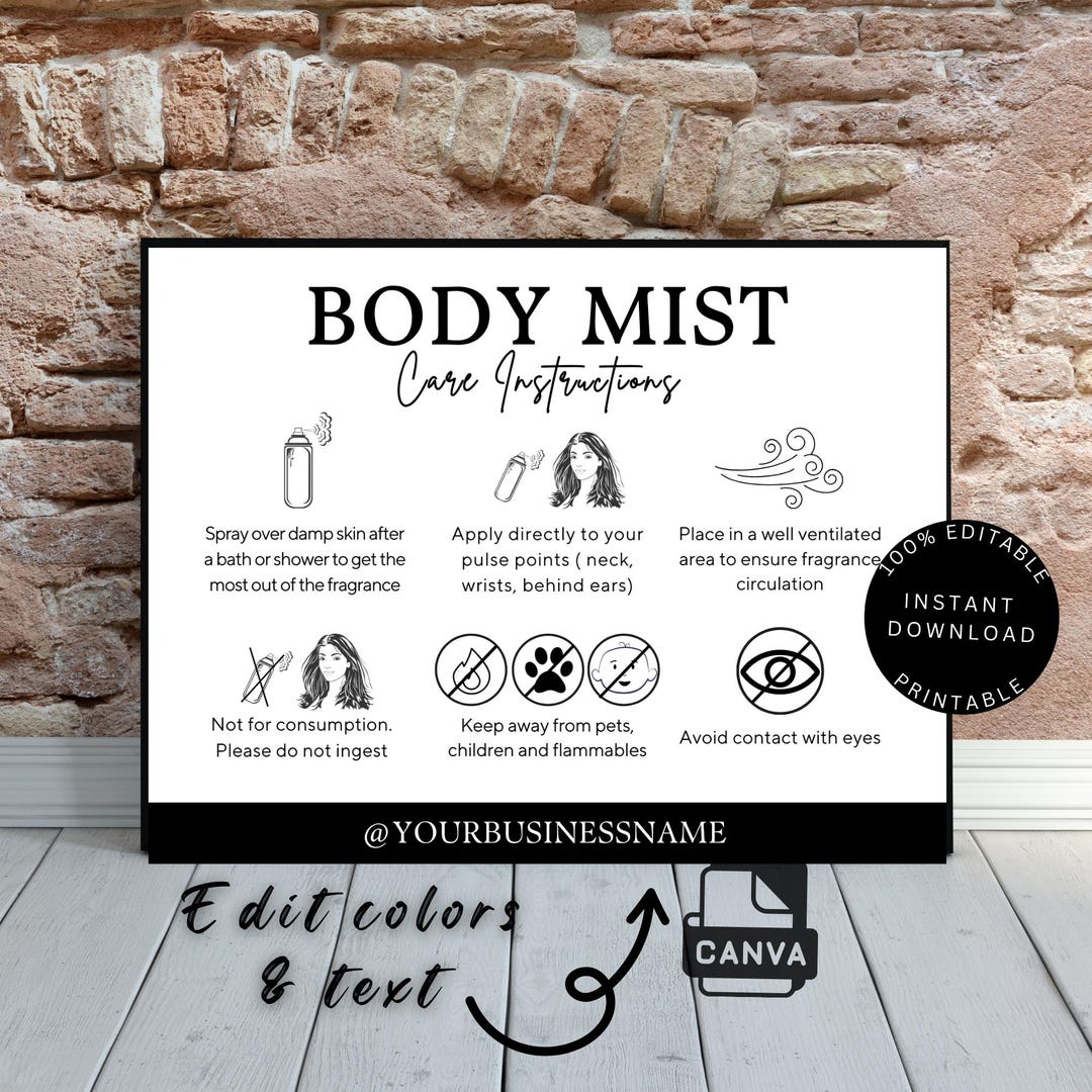 Body Mist Spray Care Card Editable Canva Template | Body Mist Guide ...