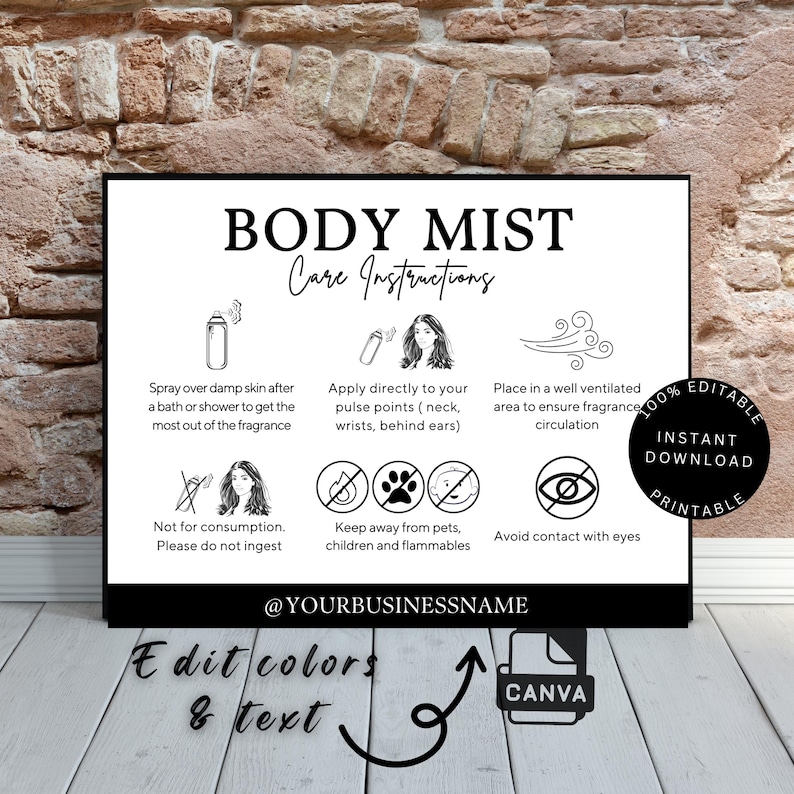 Body Mist Spray Care Card Editable Canva Template | Body Mist Guide ...
