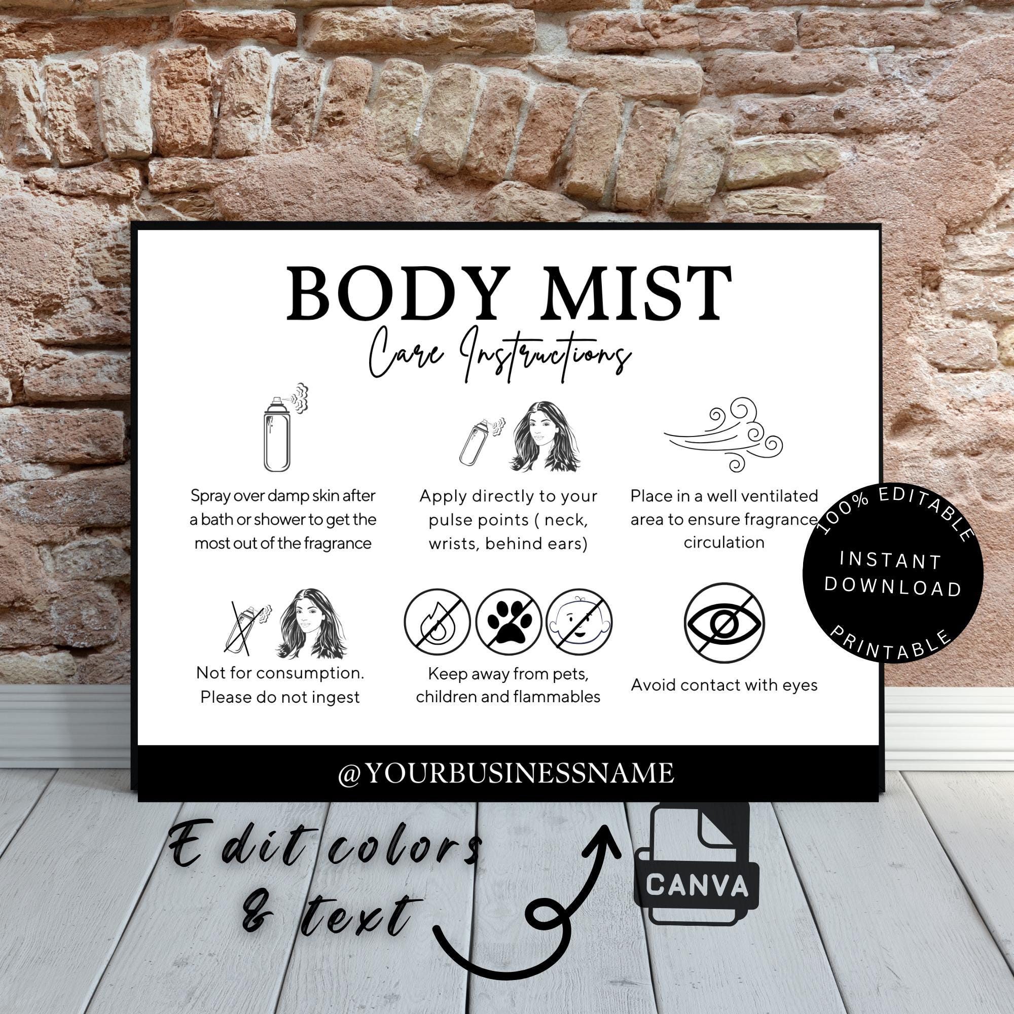 Body Mist Spray Care Card Editable Canva Template | Body Mist Guide ...