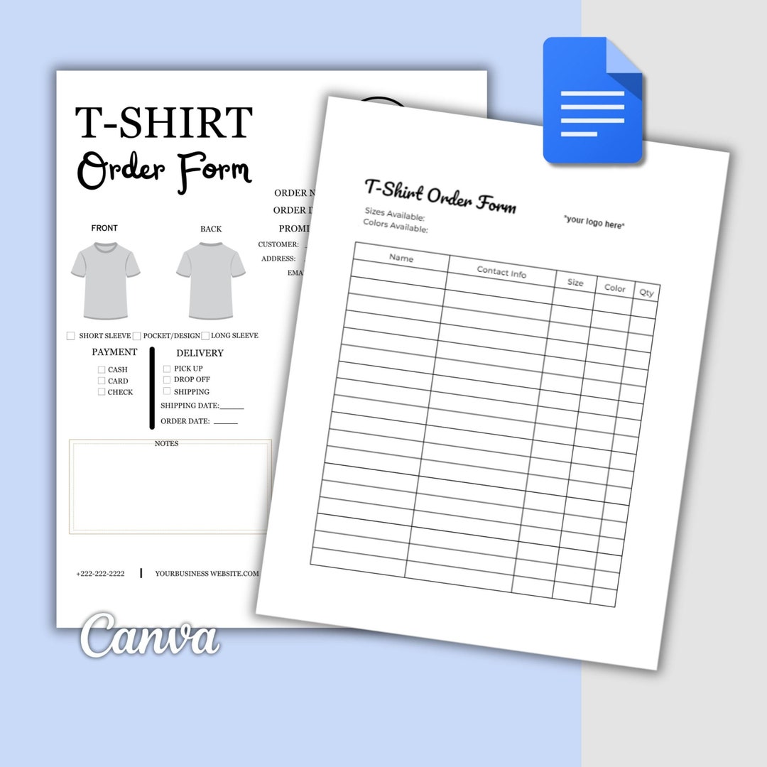 Tshirt Order Form Template Editable, Printable Tshirt Order Form Google ...