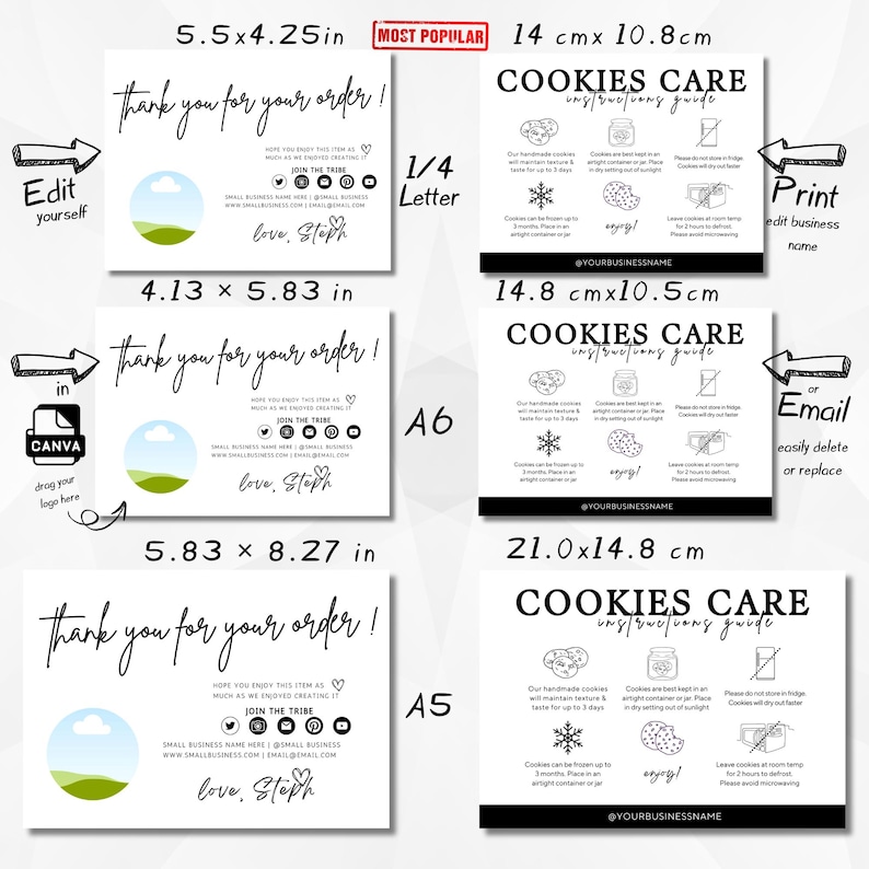 Editable Cookie Care Card Template Canva | Bakery Instructions Card ...
