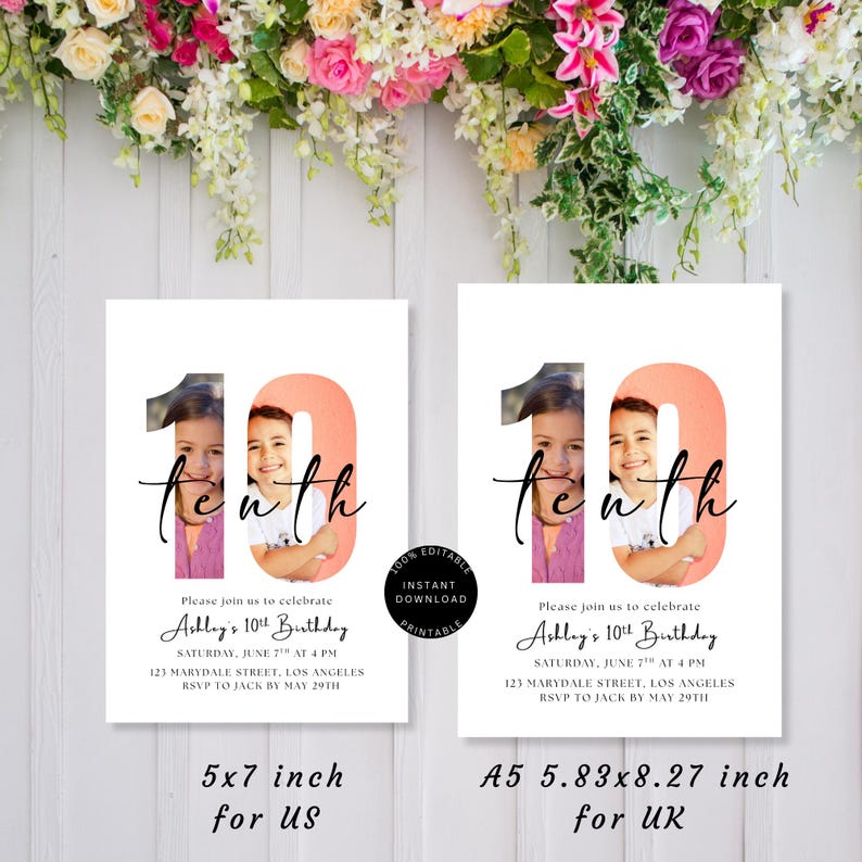 Editable 10th Birthday Girl Boy Invitation Canva Template Tenth ...