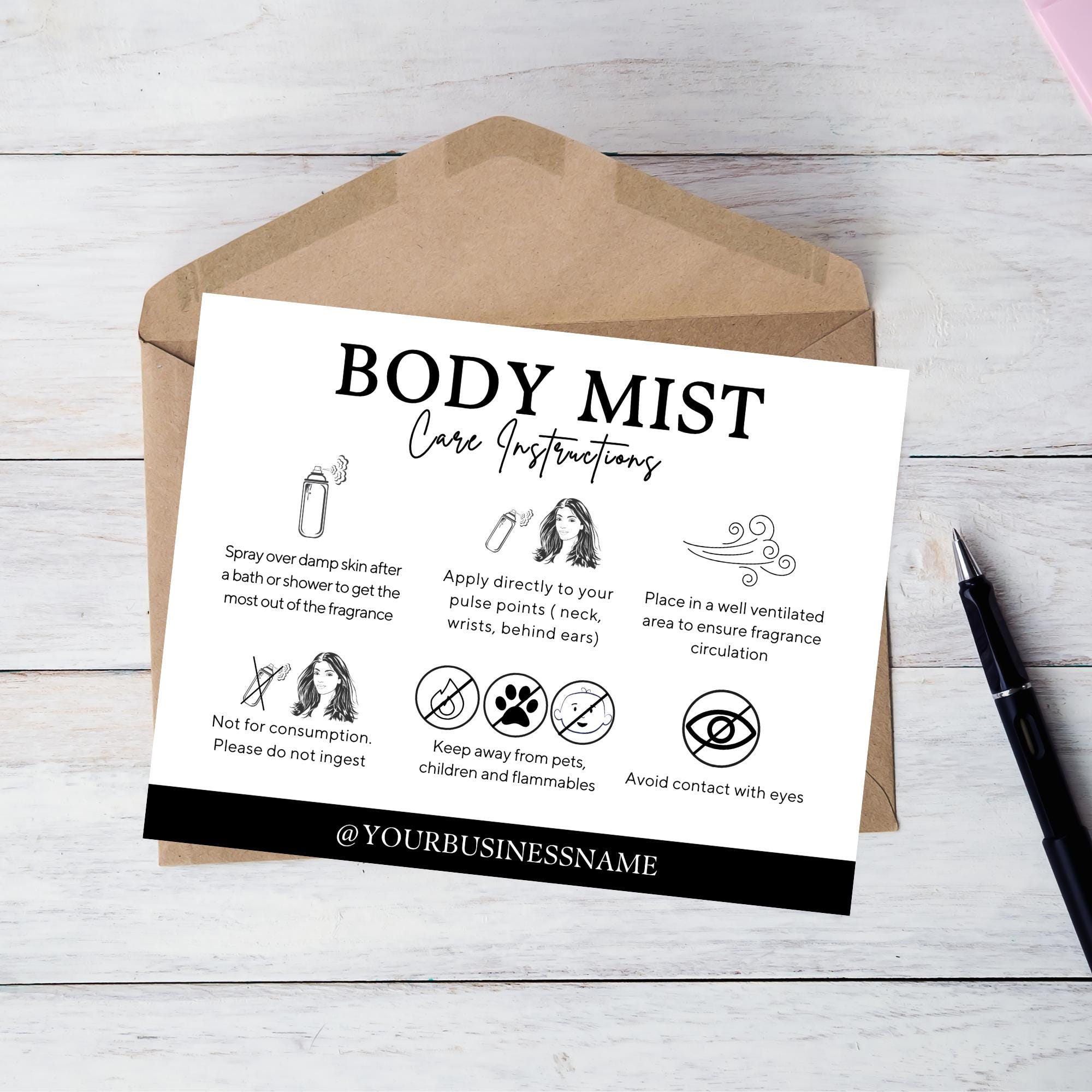 Body Mist Spray Care Card Editable Canva Template | Body Mist Guide ...