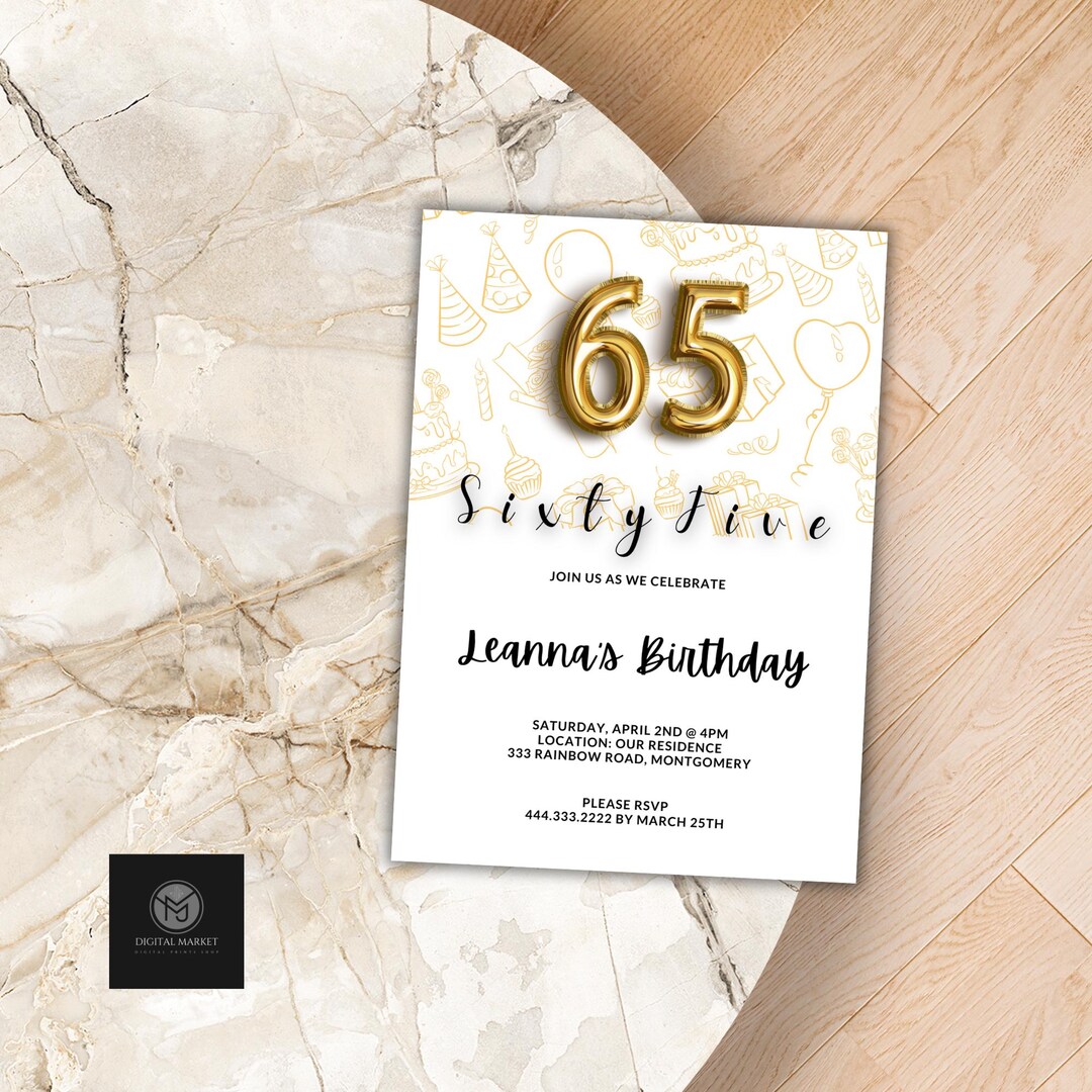 Editable 65th Birthday Invitations - Printable PDF, Customizable 65th ...