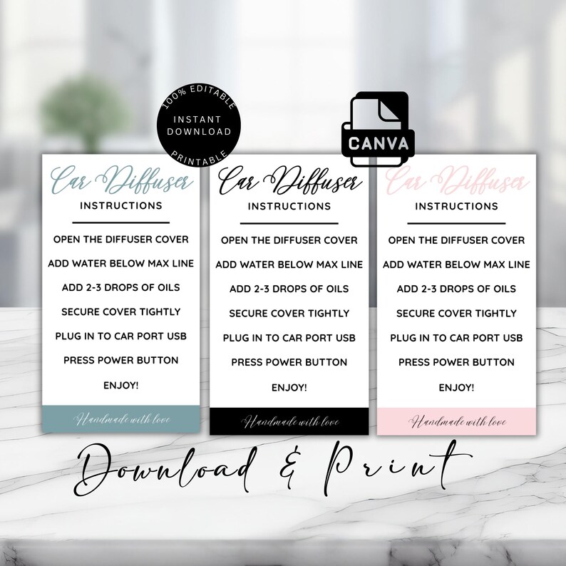 Car Diffuser Care Card Canva Template | Printable Car Air Freshener ...