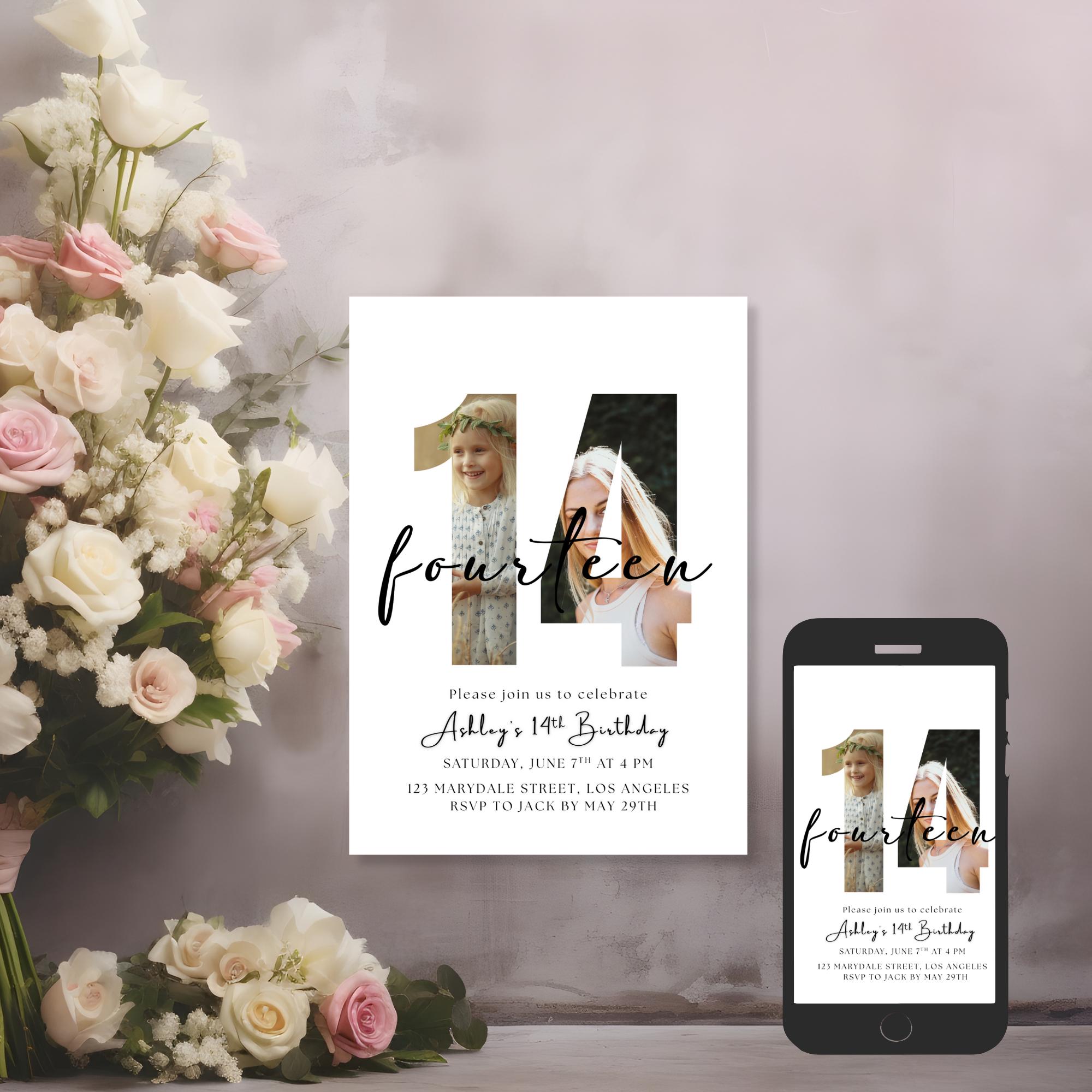 14th Birthday Invitation Canva Template Girl Digital Invitation | 14th ...