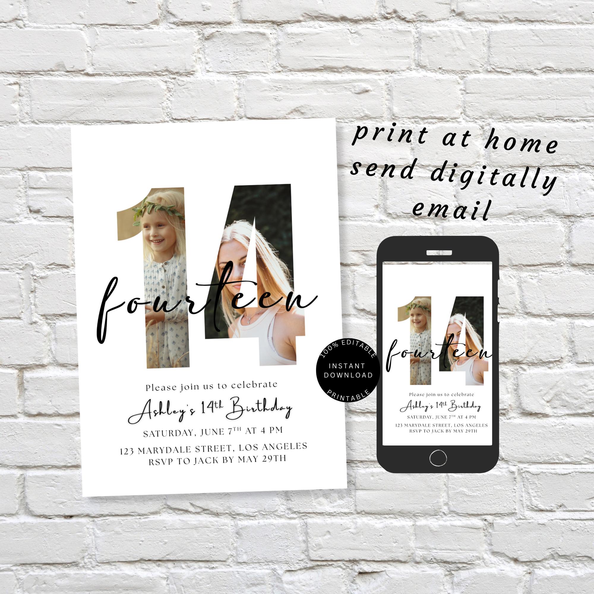 14th Birthday Invitation Canva Template Girl Digital Invitation | 14th ...