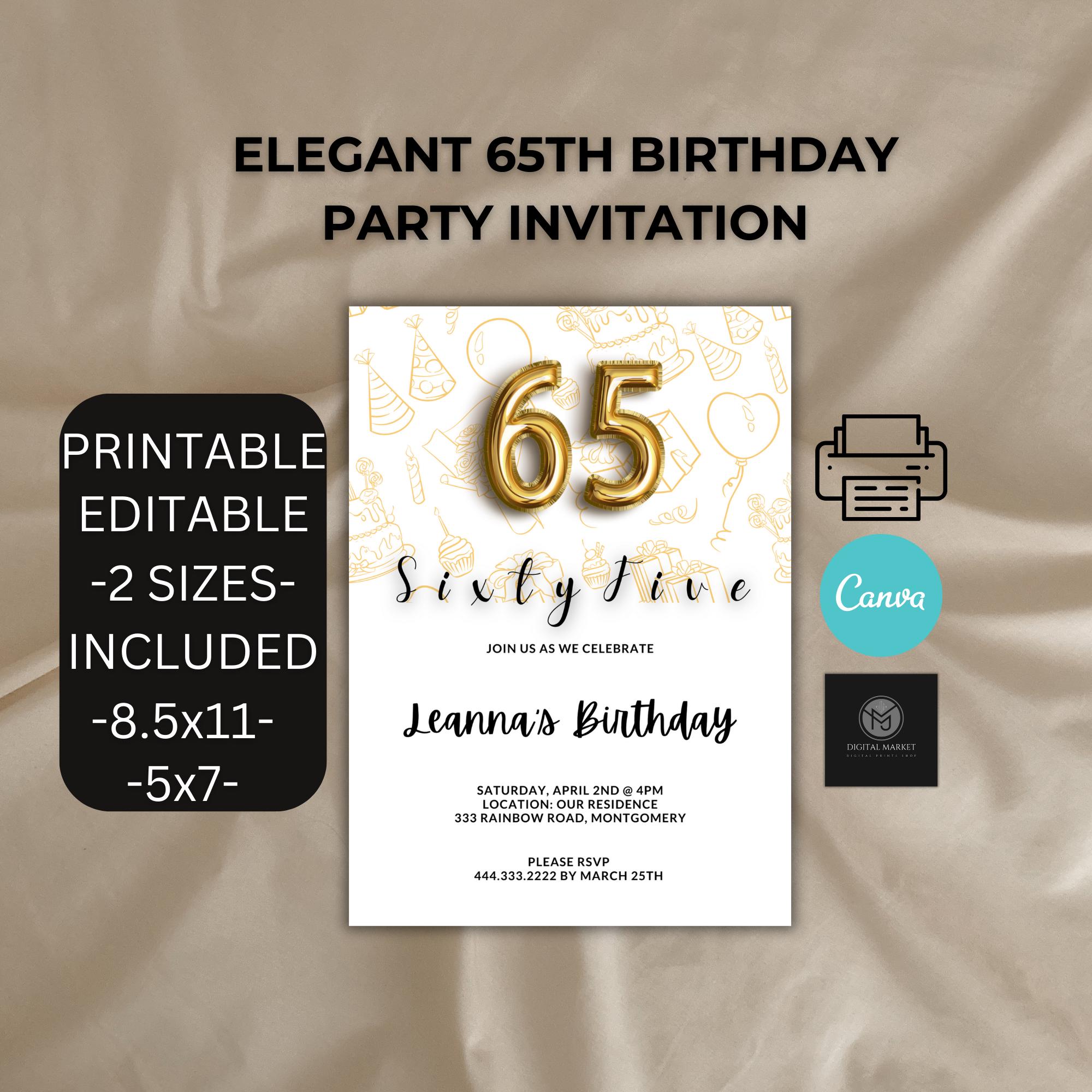 Editable 65th Birthday Invitations - Printable PDF, Customizable 65th ...
