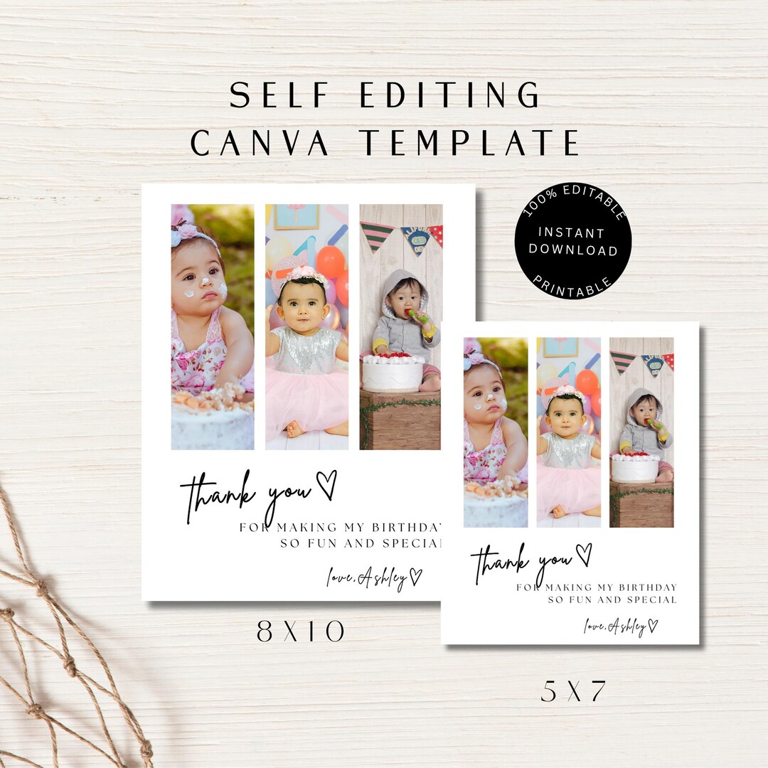 First Birthday Thank You Card Canva Template | Digital Download Editable 1st Birthday Template ...