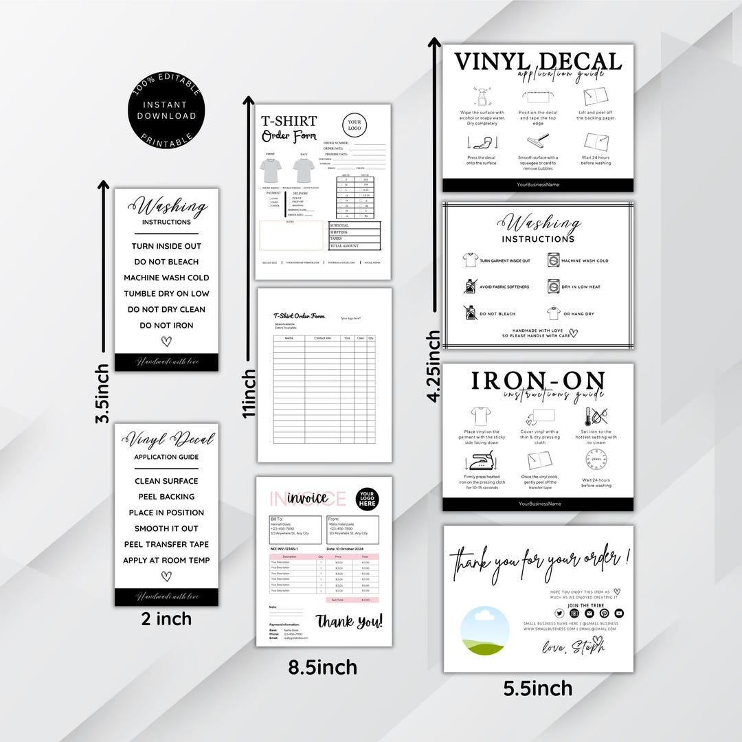 T-shirt Order Form Bundle | Iron on Vinyl Decal Washing Instructions ...