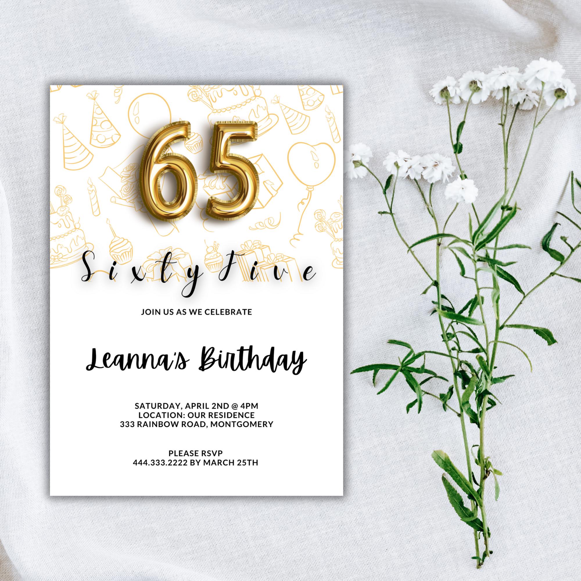 Editable 65th Birthday Invitations - Printable PDF, Customizable 65th ...