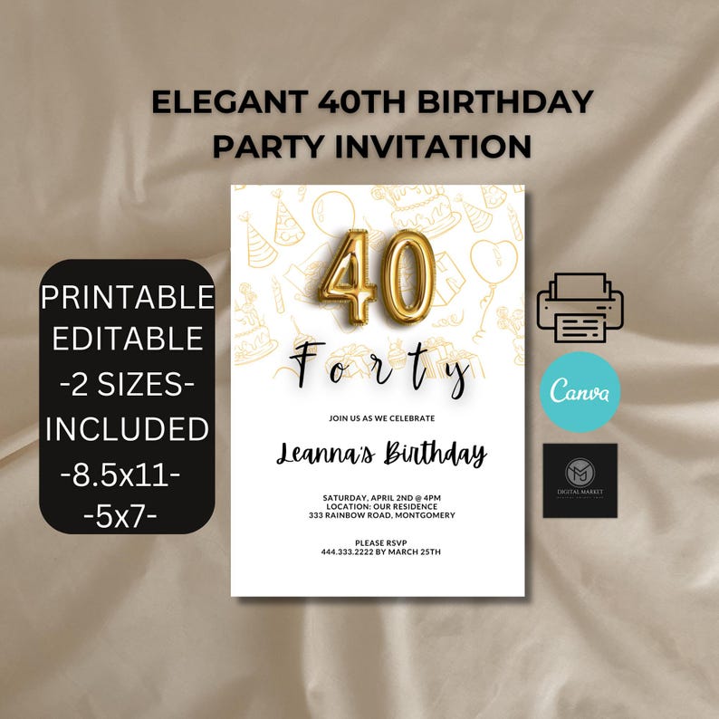 Editable 40th Birthday Invitations - Printable PDF, Customizable 40th ...