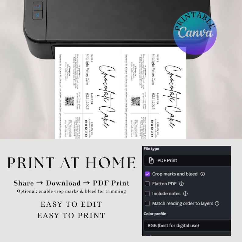 Editable Cake Care Card Label Template, 6x4 Cottage Food Label, Canva ...