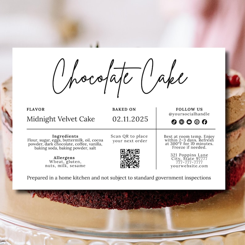 Editable Cake Care Card Label Template, 6x4 Cottage Food Label, Canva ...
