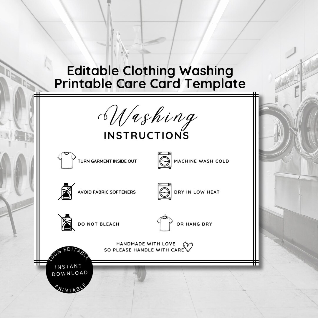 Editable Clothing Washing Printable Care Card Templates, Digital File ...