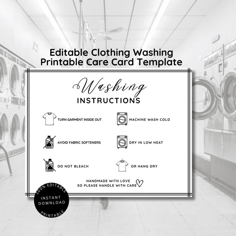 Editable Clothing Washing Printable Care Card Templates, Digital File ...