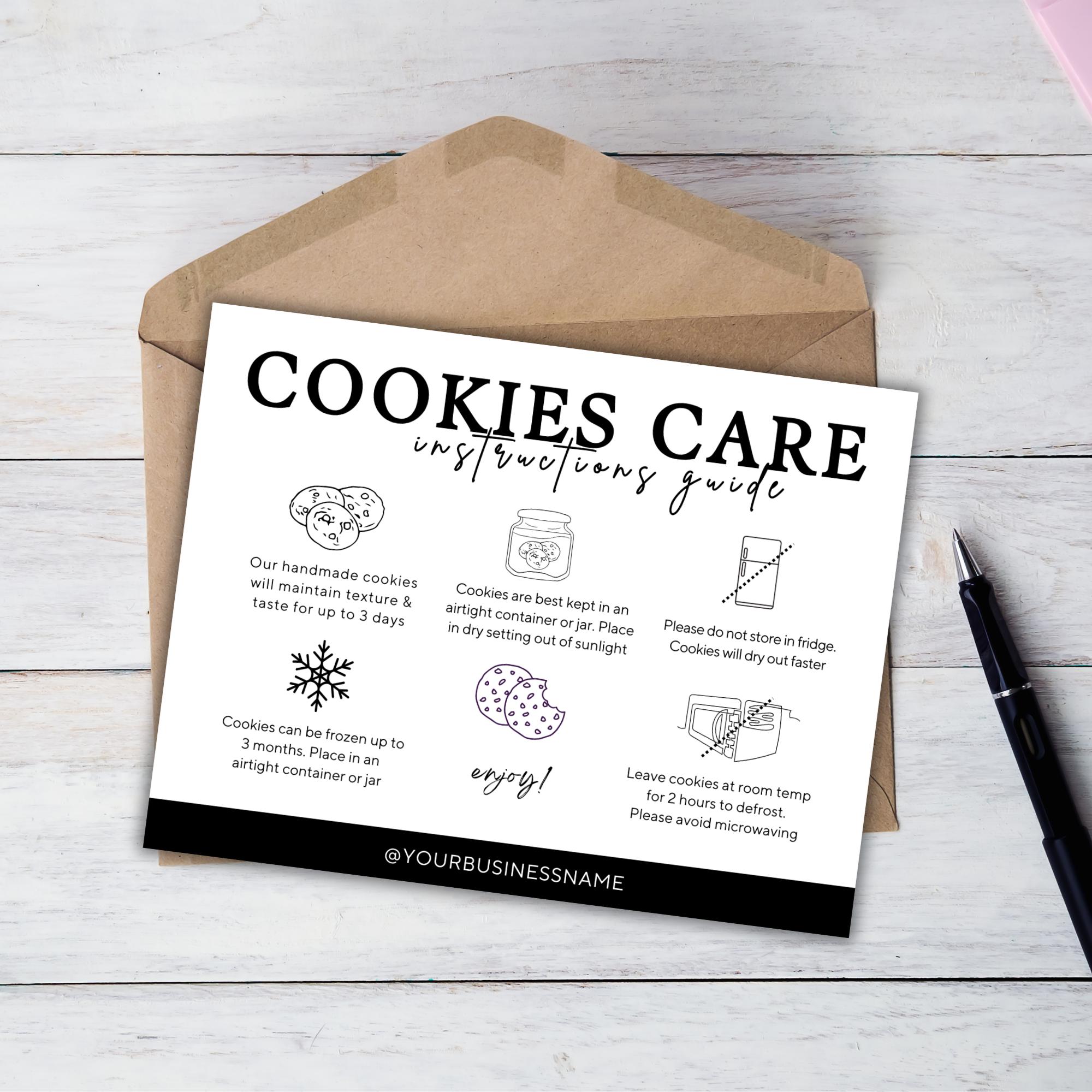 Editable Cookie Care Card Template Canva | Bakery Instructions Card ...