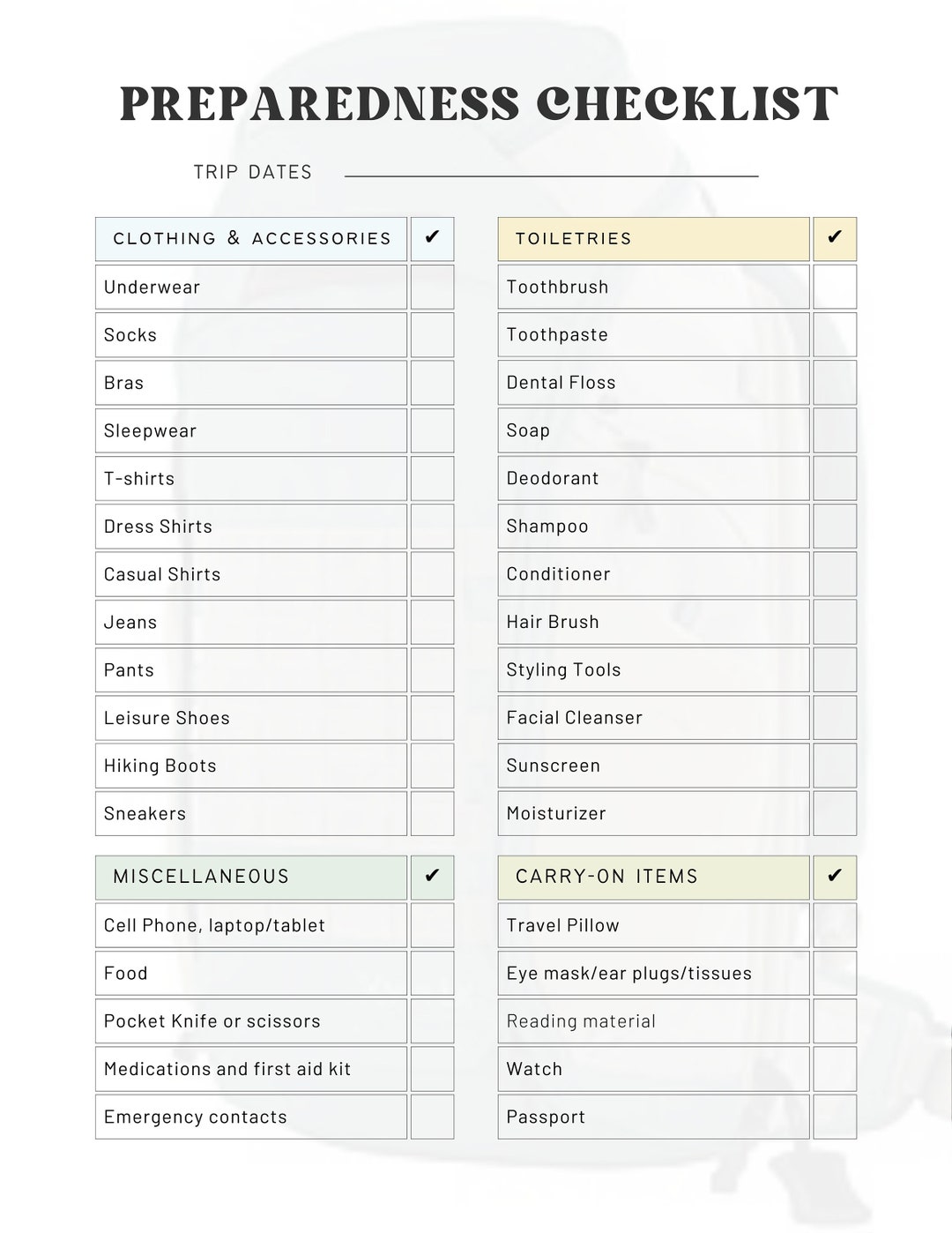 Printable Travel Checklist, Preparedness Checklist - Etsy