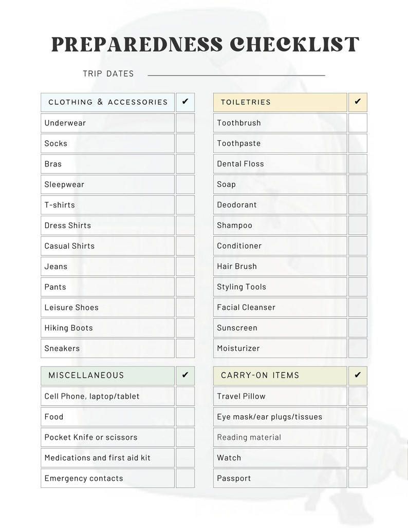 Printable Travel Checklist, Preparedness Checklist - Etsy