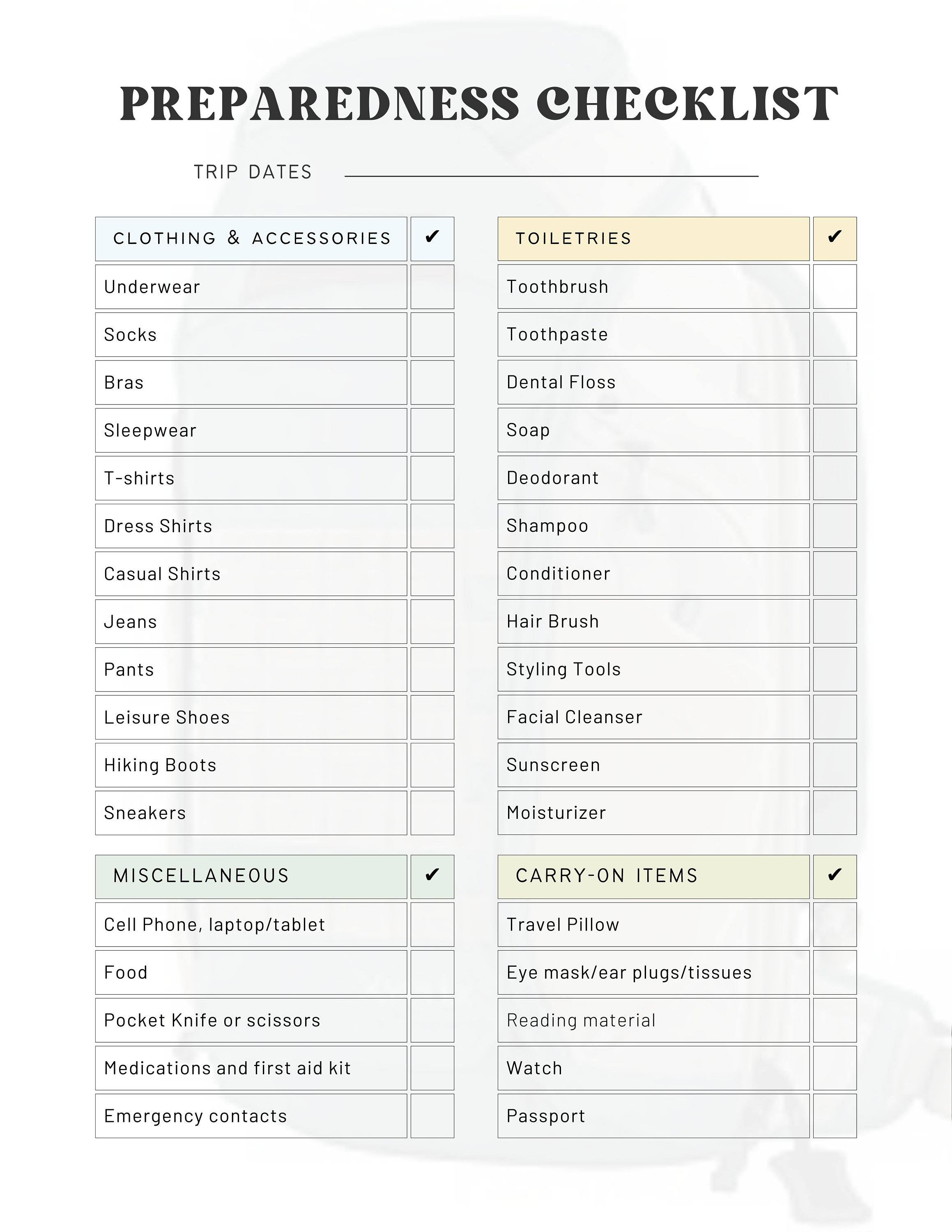 Printable Travel Checklist, Preparedness Checklist - Etsy