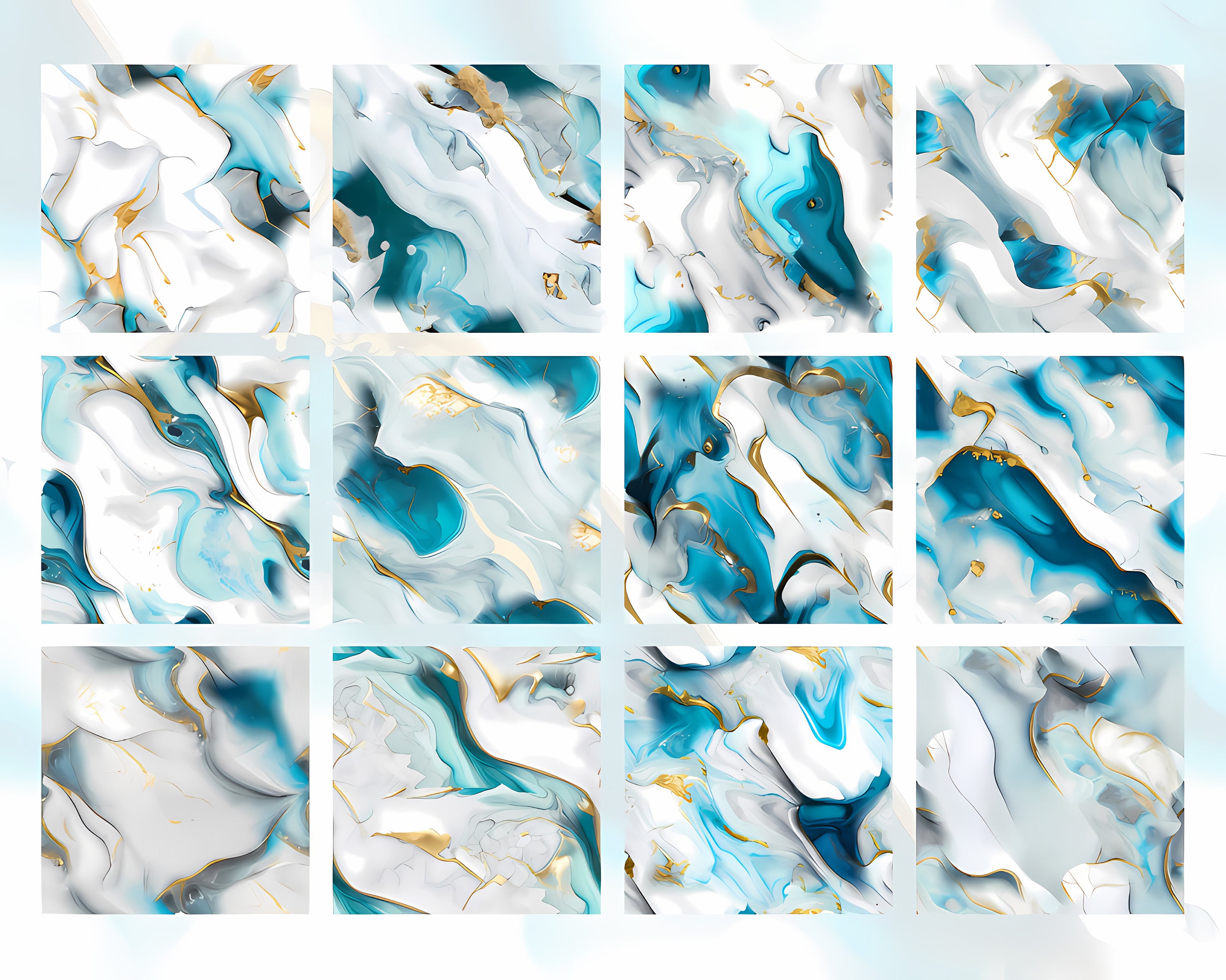 Liquid Marble White Sky Blue & Gold Digital Printable Paper, Seamless ...