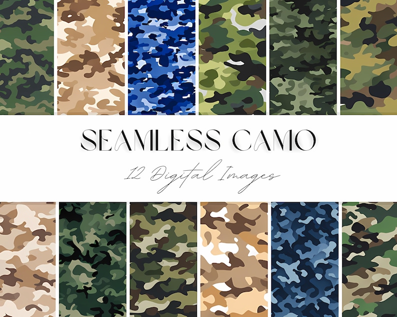 Seamless Camo Texture Digital Printable Paper, Green Tan Blue Military ...