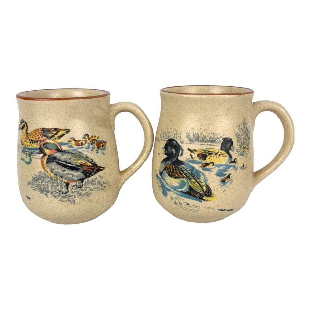 Vintage Rustic Set of Stoneware Duck Mugs (2) Teal & Tutted Ducks Water ...