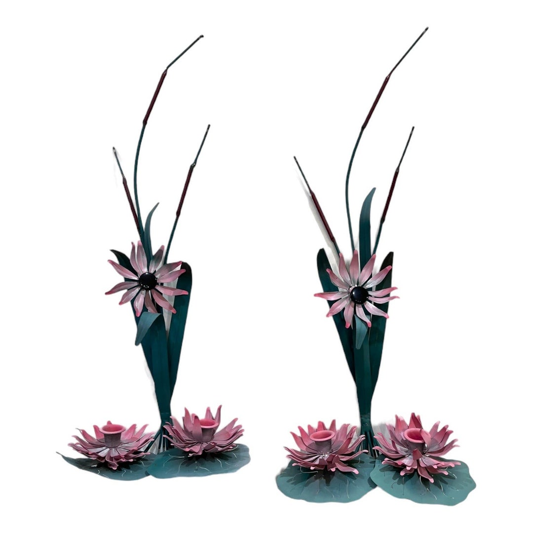 Set Vintage Mid Century Tole Lotus Flower Sconce Candlestick Holder ...