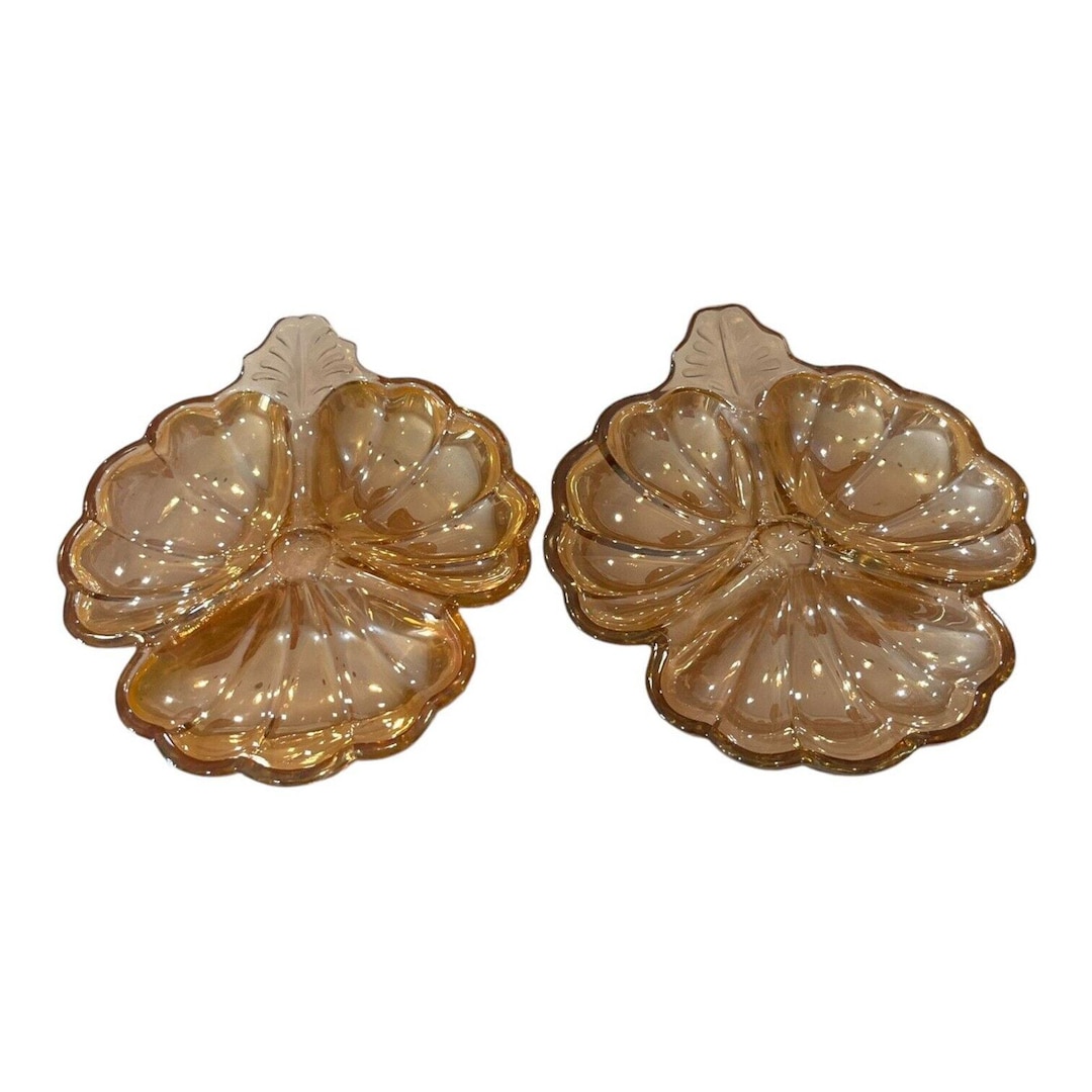 Marigold-posey Iridescent Carnival Glass 3 Leaf Clover Candy Dish 7x6 ...