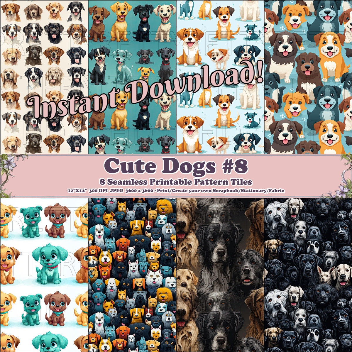 Cute Dogs 8 8 Printable Scrapbook Sheets Seamless Tileable Digital ...