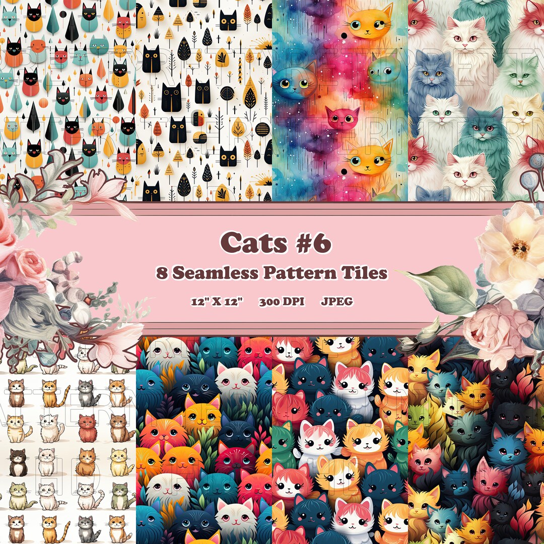 Cats #6 - 8 Printable Scrapbook Sheets - Seamless Tileable - Digital ...