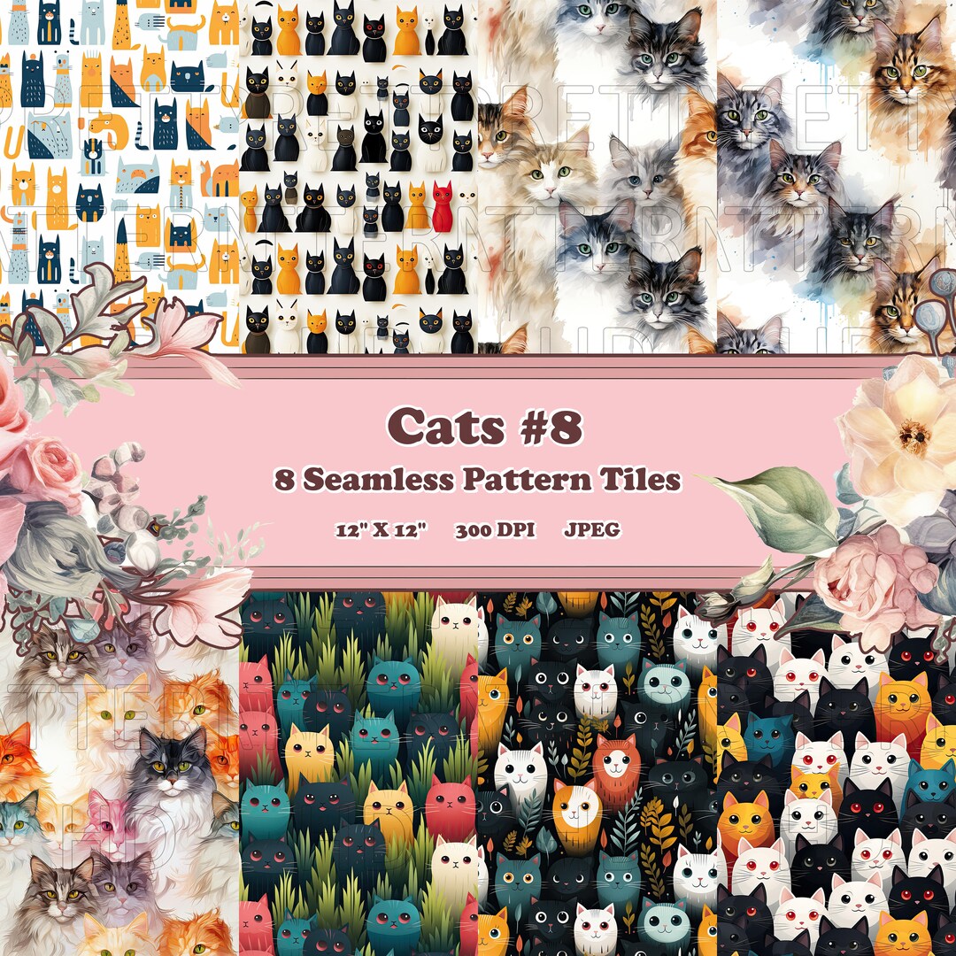 Cats #8 - 8 Printable Scrapbook Sheets - Seamless Tileable - Digital ...