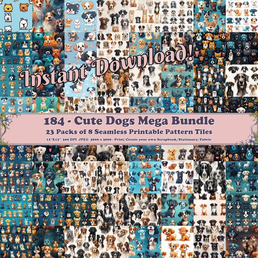 Cute Dogs MEGA BUNDLE - 184 Printable Scrapbook Sheets - Seamless ...