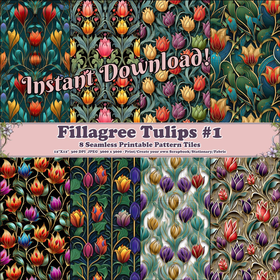 Filigree Tulips #1 - 8 Printable Scrapbook Sheets - Seamless Tileable ...