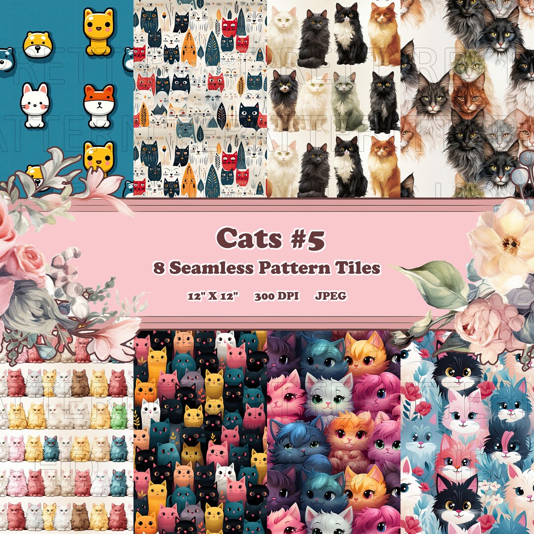 Cats #5 - 8 Printable Scrapbook Sheets - Seamless Tileable - Digital ...