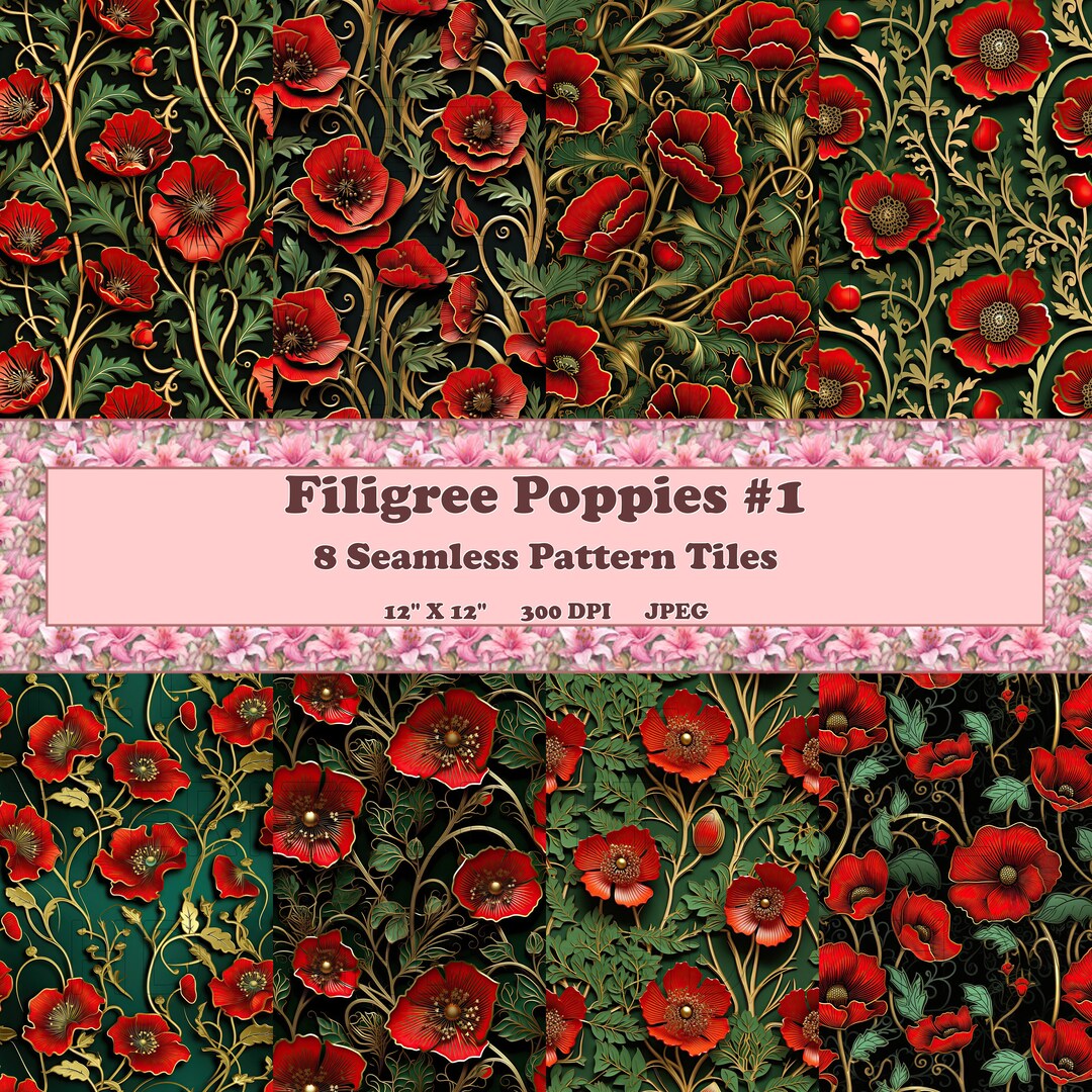 Filigree Poppies 1 8 Printable Scrapbook Sheets Seamless - Etsy