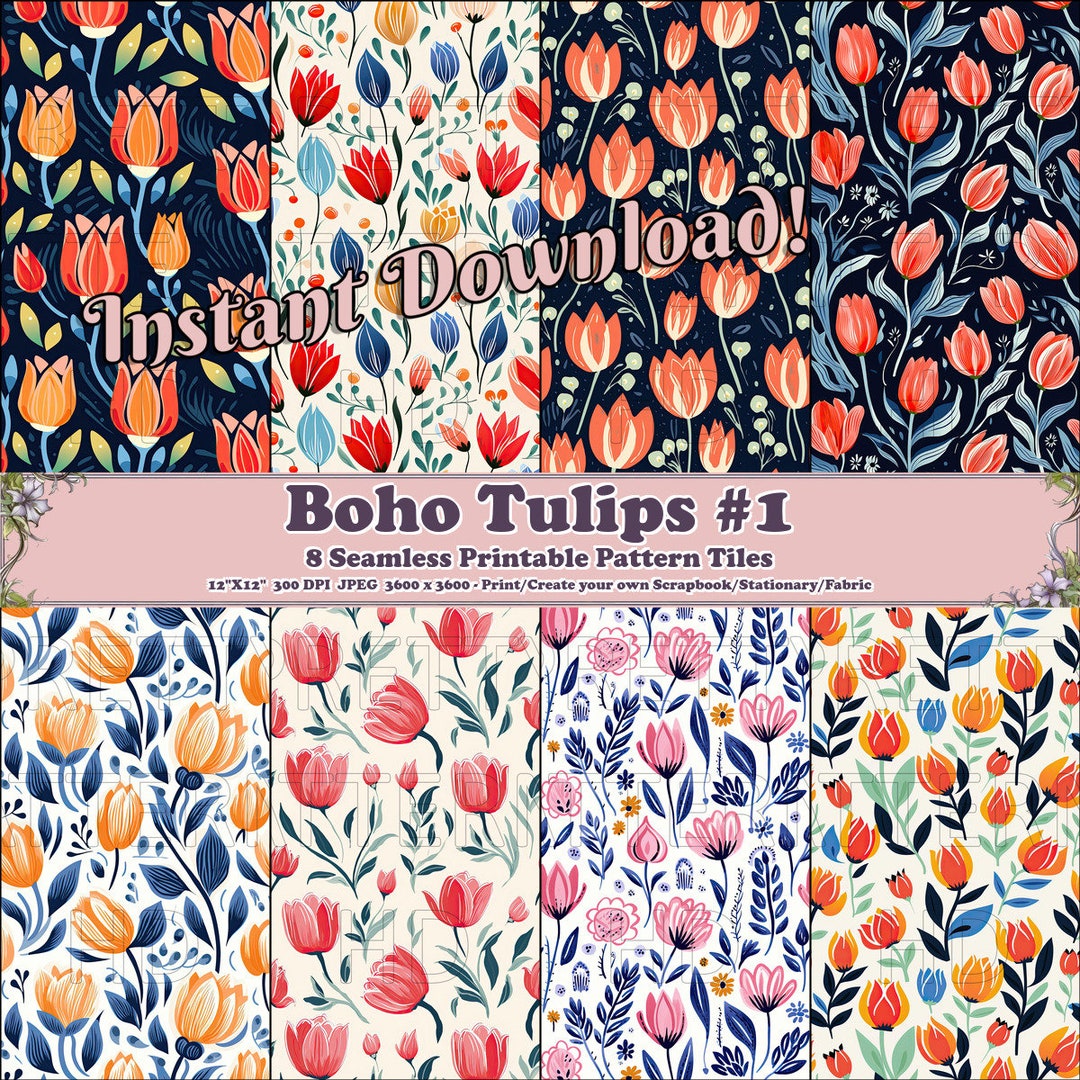 Boho Block Print Tulips #1 - 8 Printable Scrapbook Sheets - Seamless ...